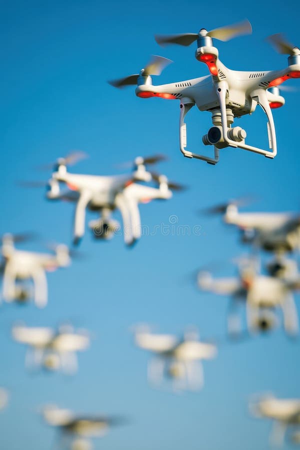Fleet of White Drones in Flight Against Clear Blue Sky - Aerial ...