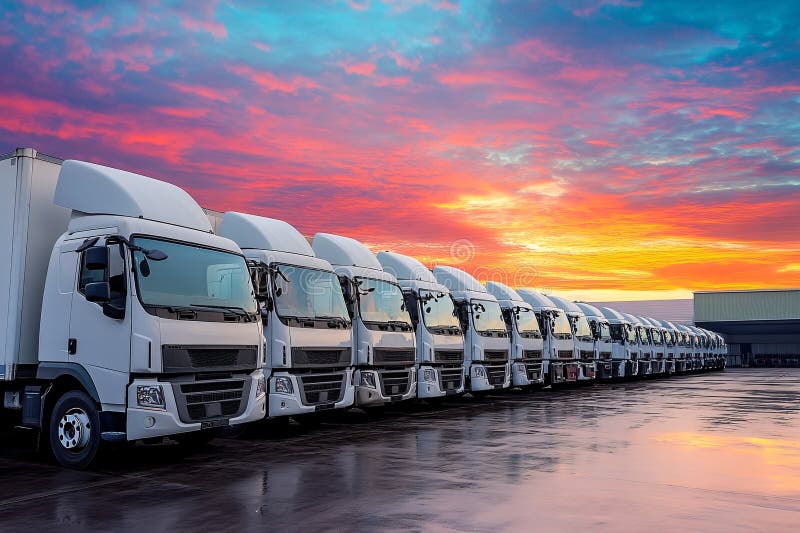 Fleet of White Trucks Parked at Sunset Stock Photo - Image of sunset, trucks: 336163392