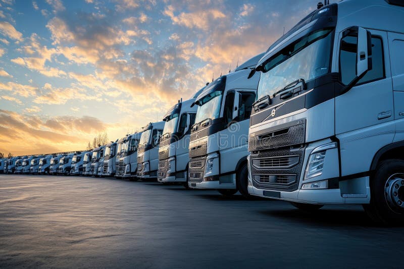 Fleet of White Trucks Parked at Sunset Stock Photo - Image of sunset ...