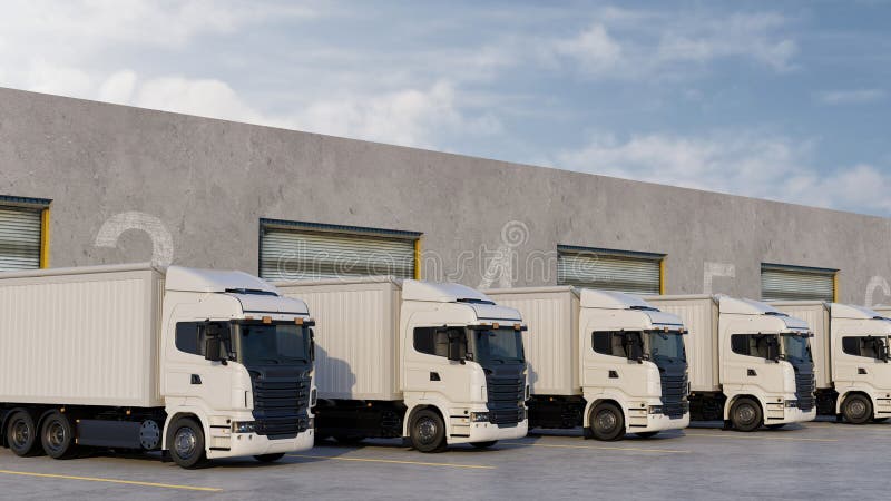 Fleet of White Trucks Parked at Warehouse - 3D Rendering Stock ...