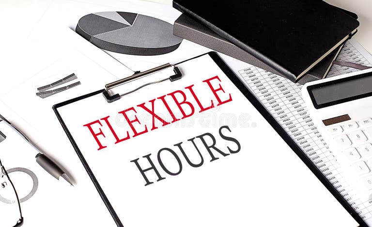FLEXIBLE HOURS Text on Paper Clipboard with Chart and Notebook on Withe ...