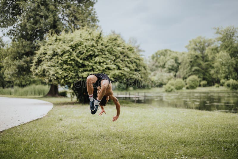 Flexible Man Doing Back Flips Outdoors in a Park on a Sunny Day Stock ...