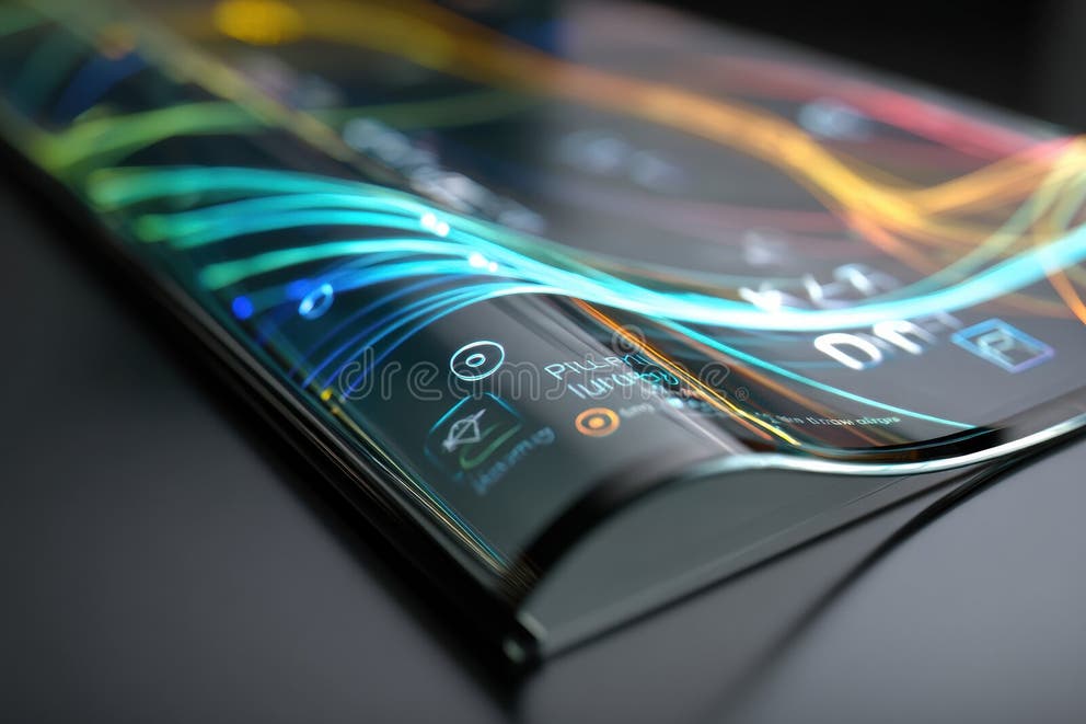Close-up View of a Flexible OLED Screen Bending with Sleek UI Design ...