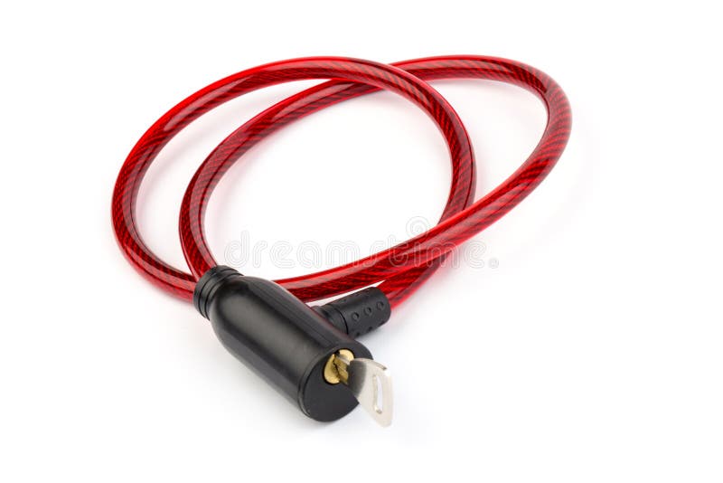 Flexible Red Bicycle Cable with Key on White Background. Security and ...