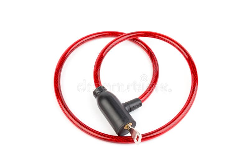 Flexible Red Bicycle Cable with Key on White Background. Security and ...