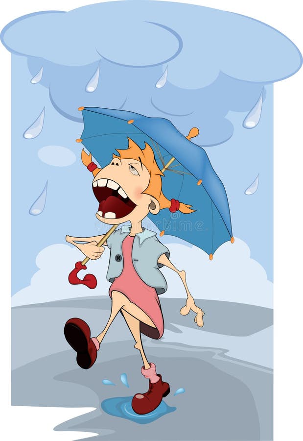 Flickan I Regnet. Tecknad Film Vektor Illustrationer - Illustration av ...