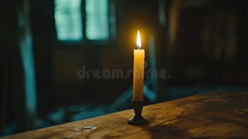 Flickering Candle on Damaged Table in a War-torn Setting with Warm Glow ...