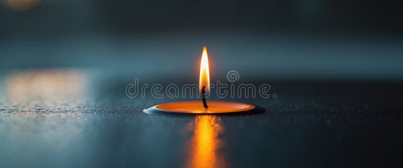 Flickering Candle Flame on a Dark Reflective Surface Creates a Serene ...