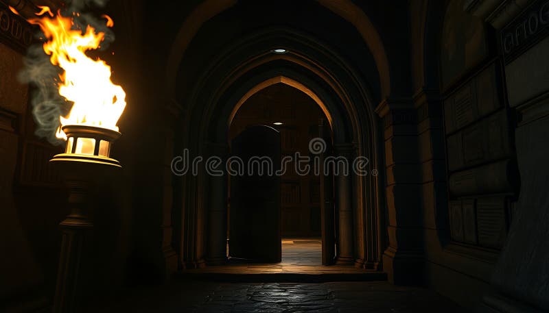Fire Torch in Dark Setting Dramatic Light and Medieval Atmosphere ...