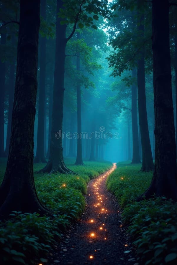 Flickering Firefly Lights Trace a Mystical Forest Trail Deep Shadows ...