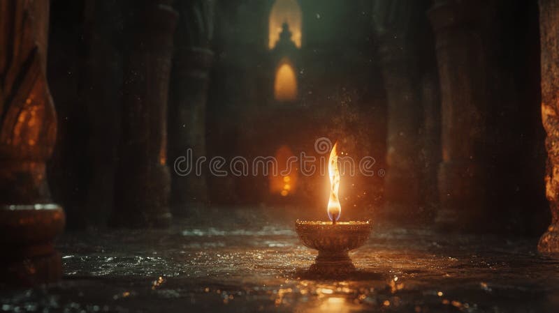 Flickering Flame in Mystical Ancient Temple with Stone Columns Stock ...