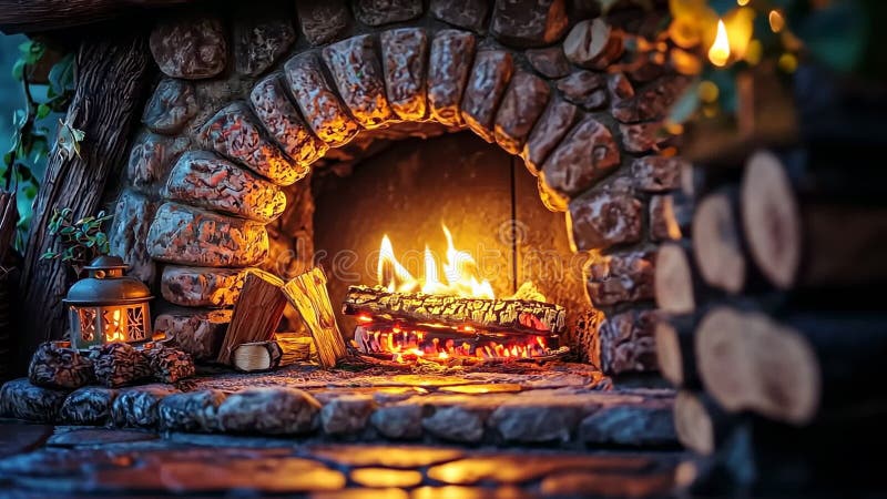 Fireplace Burning Inside Stone Structure Stock Video - Video of room ...