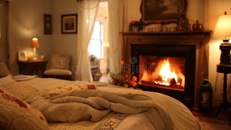 The Flickering Flames of the Fireplace Cast a Soft Light Over the Cozy ...