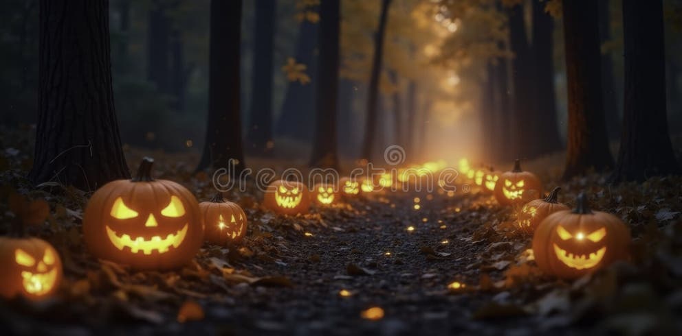 Flickering Flames on Pumpkins Light the Path through the Trees with ...