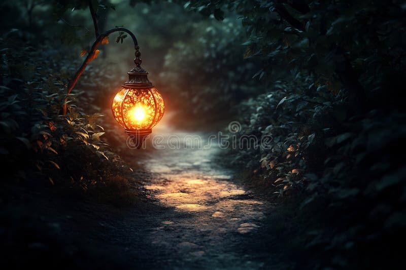 Flickering Lantern Illuminating a Winding Forest Path in Romantic ...