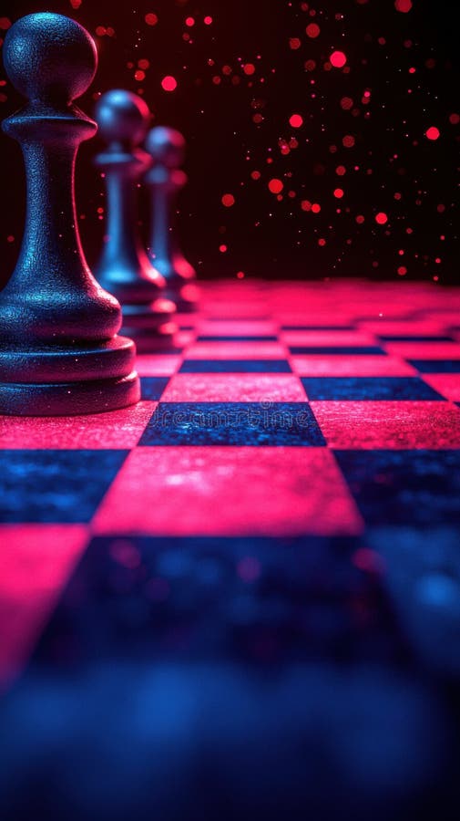Flickering Red and Blue Checkerboard with Chess Pieces in Focus ...