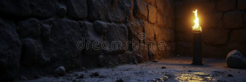 Flickering Torches Cast Eerie Light on Cobweb Covered Stones, Shadowy ...