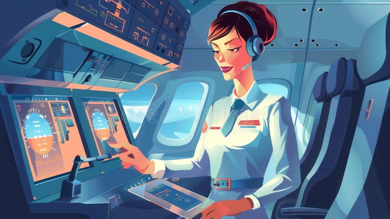 The Flight Attendant Focuses Intently on the Cockpit Controls while ...