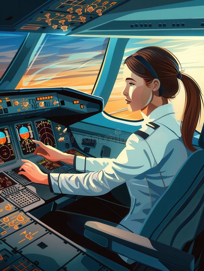 A Flight Attendant Operates the Cockpit Controls while the Sun Sets ...