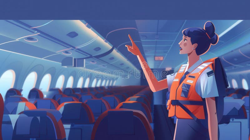 The Flight Attendant Points To Safety Instructions while Preparing ...