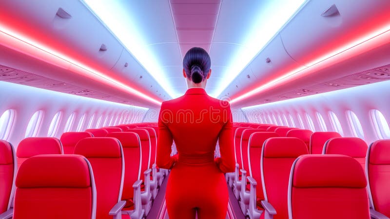 Flight Attendant Standing in Airplane Aisle with Red Seats and Pink ...