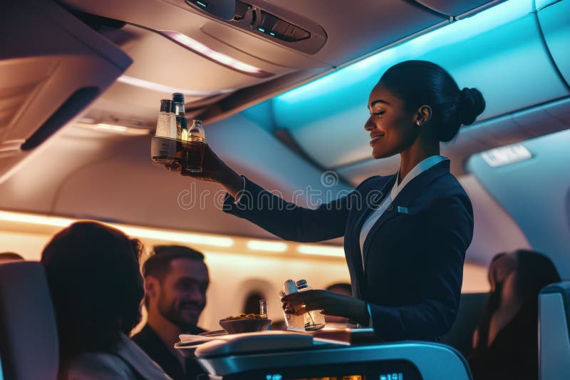 Flight Attendant Serves Refreshments To Passengers during Evening ...
