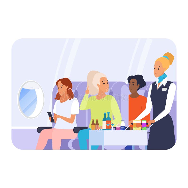 Flight Attendant Serving Food and Drinks To Passengers, Woman in Aisle ... Flight Attendant Serving Food and Drinks To Passengers, Woman in Aisle ...