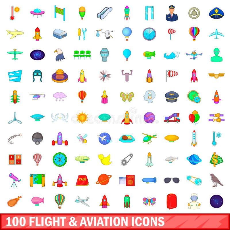 100 Flight and Aviation Icons Set, Cartoon Style Stock Vector ...