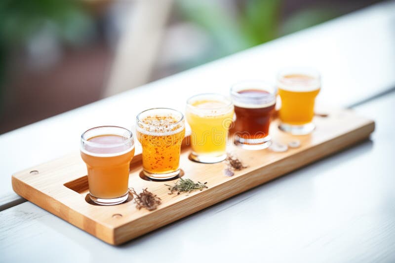 Flight of Beer Samples on Wooden Tray Stock Photo - Image of beers ...