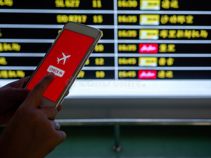 Flight Check-in by Mobile Phone. Hand Touching on Smartphone Screen To ...