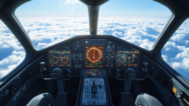 Flight Cockpit View with Instruments Displayed High Above the Clouds ...