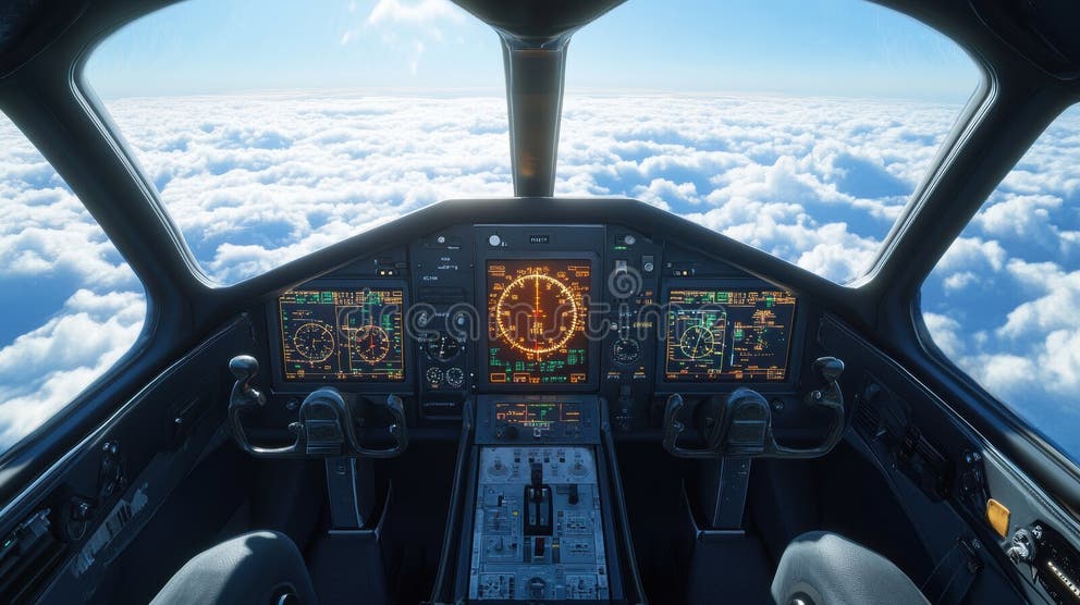Flight Cockpit View with Instruments Displayed High Above the Clouds ...