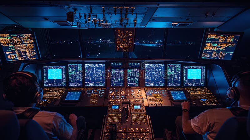 Flight Control Center Illuminated at Night with Glowing Screens and ...