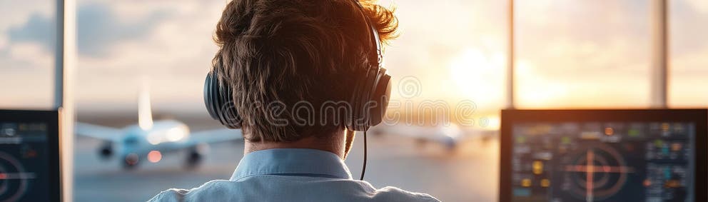 Flight Controller, Wearing a Headset, Attentively Monitors Multiple ...