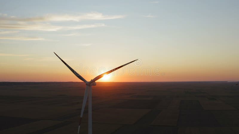 Flight by Windmills on a Large Field with a Sunset Panorama Stock ...