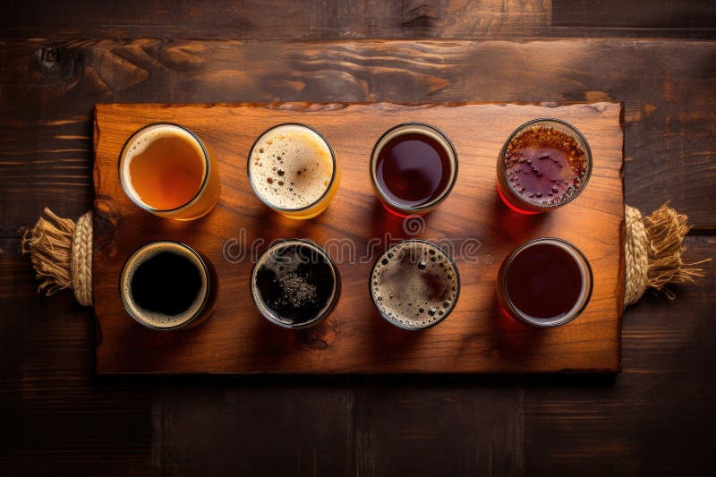 A Flight of Craft Beers on a Wooden Panel, Shot from Above Stock Photo ...