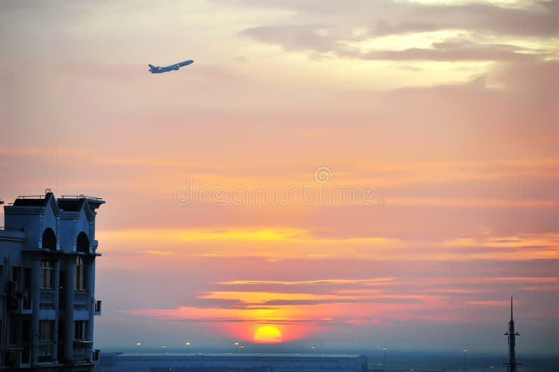 Flight at dawn stock image. Image of flying, building - 20374963