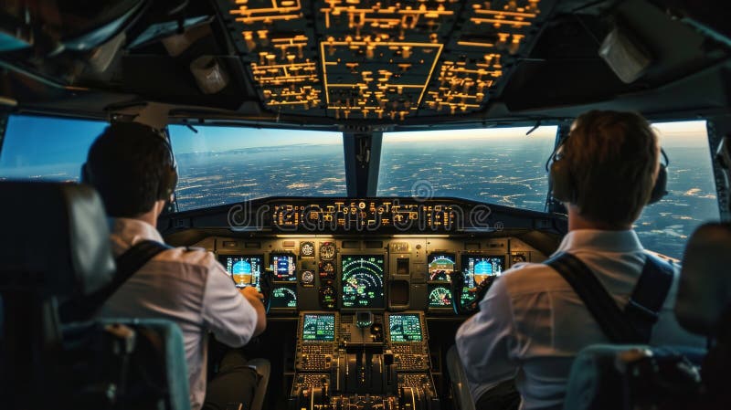 Flight Deck of Modern Passenger Aircraft. Cockpit View in Flight during ...
