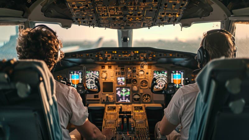 Flight Deck of Modern Passenger Aircraft. Cockpit View in Flight during ...