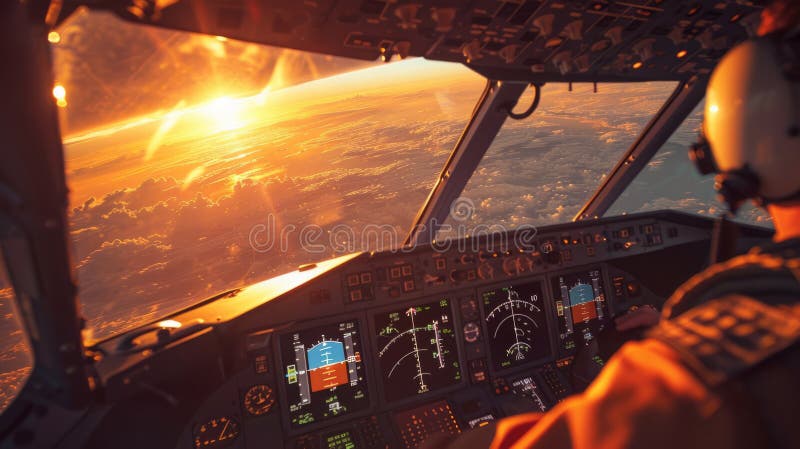 Flight Deck with Pilots Navigating through a Glowing Sunset Stock ...