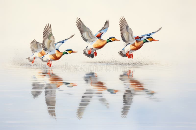 Flight of Ducks Landing on Pond Surface Stock Image - Image of aquatic ...