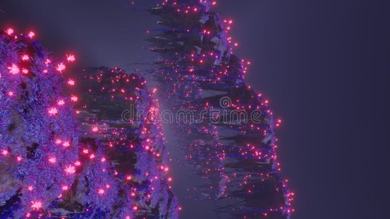 Vertical Video, Flight through Floating Islands with Glowing Flowers ...