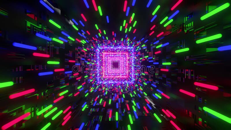 Flight through the Glowing Tunnel. Lights of Different Colors Flash by ...