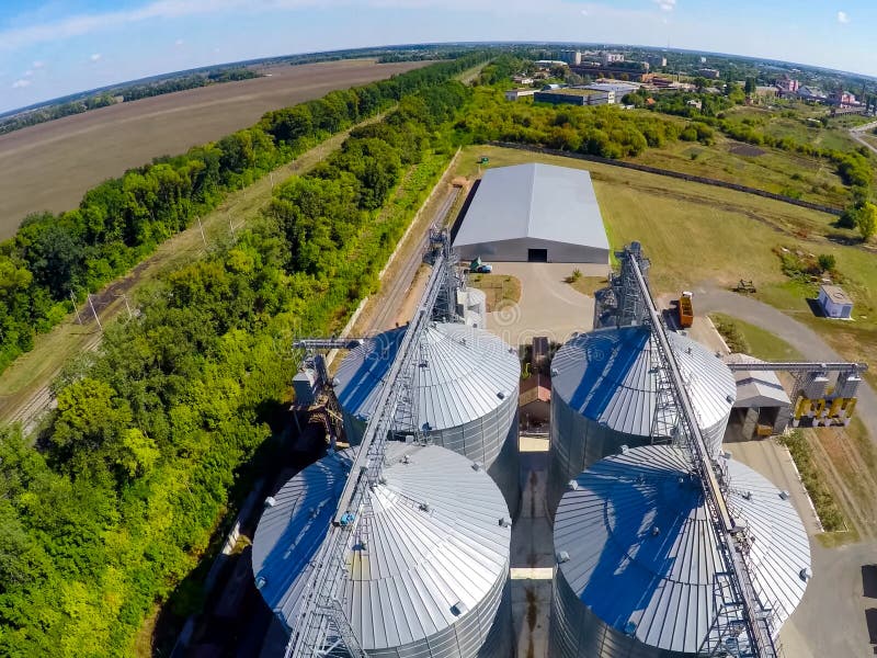 Modern Grain Terminal. Metal Tanks of Elevator. Grain-drying Complex ...