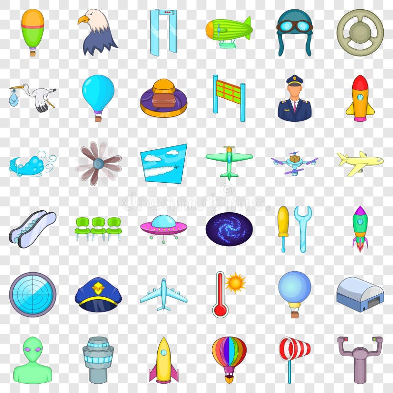 Flight Icons Set, Cartoon Style Stock Vector - Illustration of airplane ...