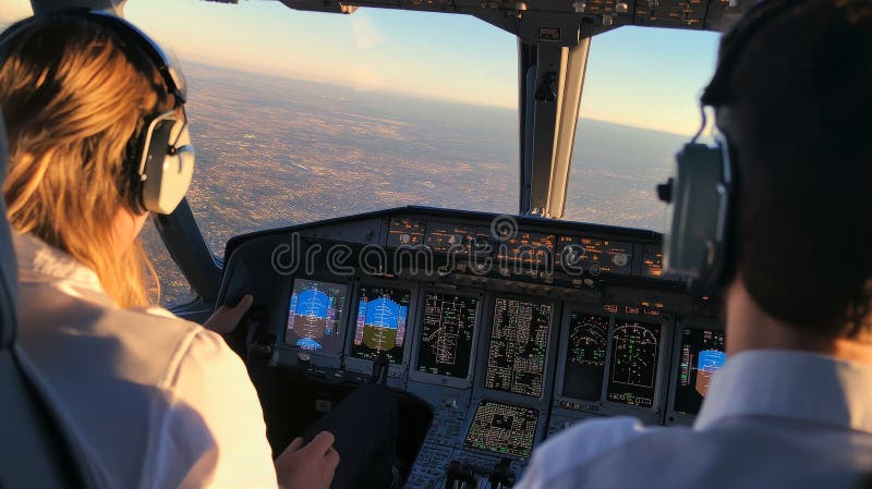A Flight Instructor Guides a Student Pilot Inside a Cockpit, Focusing ...