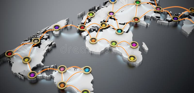 Flight or Internet Network on 3D World Map. 3D Illustration Stock ...
