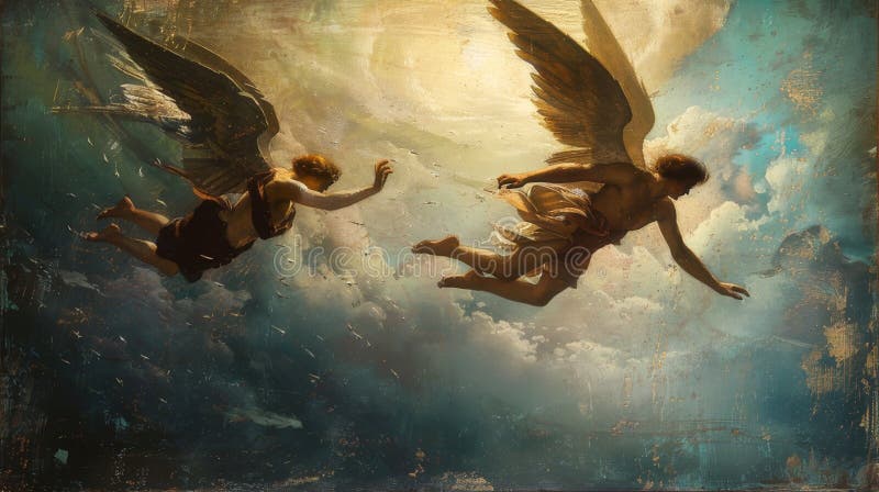 Flight of Legends: Daedalus and Icarus Soaring on Handcrafted Wings Stock Illustration ...