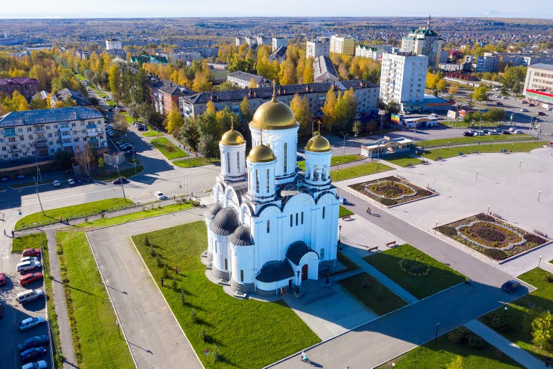 Flight Over Church of Transfiguration of Lord. Serov, Russia Stock ...