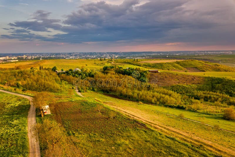 Flight Over Cultivating Field in the Spring at Sunset Stock Image ...